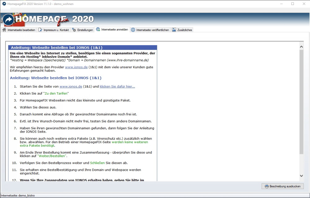 Leistungsumfang von Homepage Software - Domainregistrierung